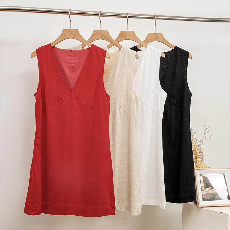 Linen Sleeveless Slim V-neck Vest Dress – NTGFad